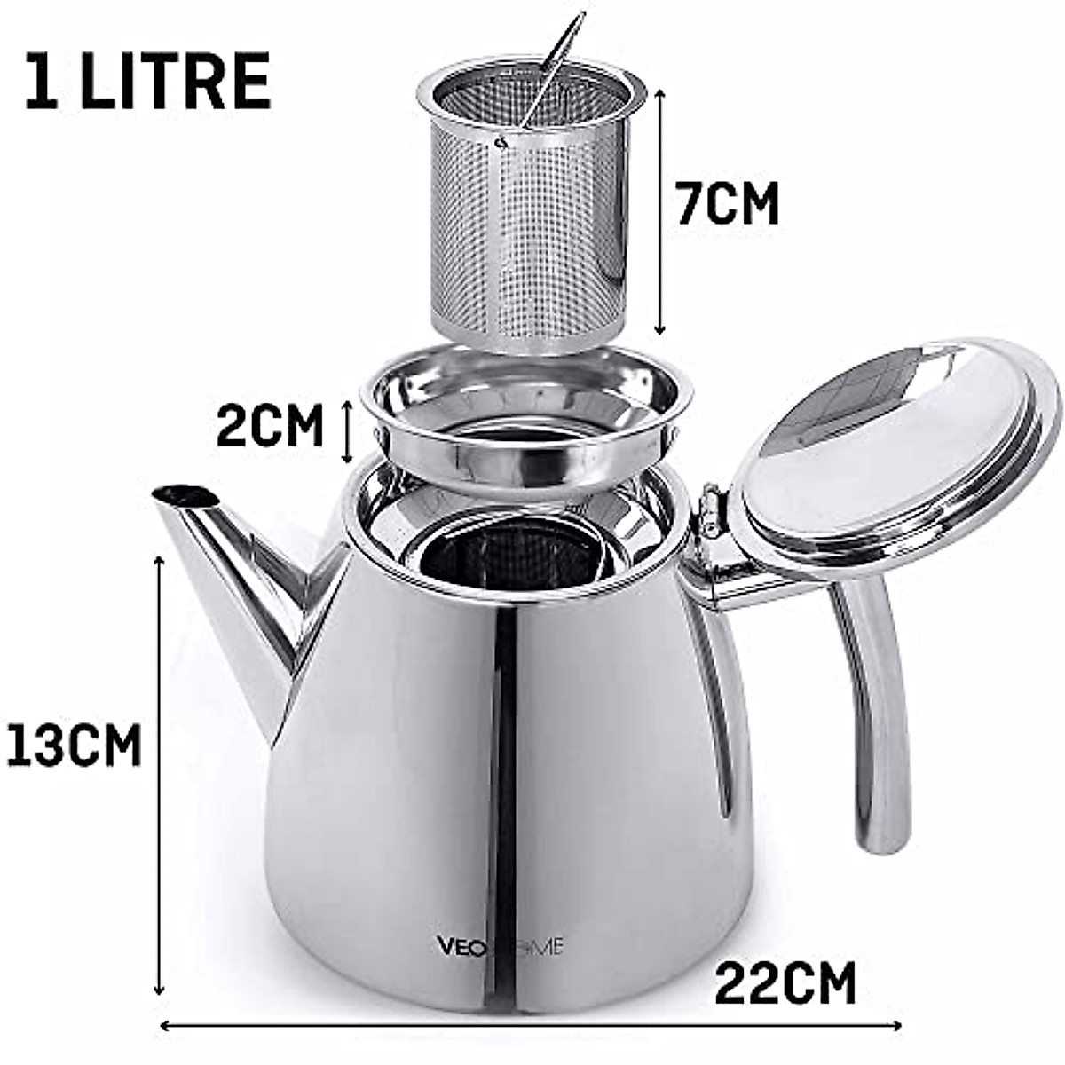 VeoHome Stainless Steel Tea Pot with Infuser - Keeps Heat Thanks to its Double Wall, Silver (1 Liter (34 oz))…