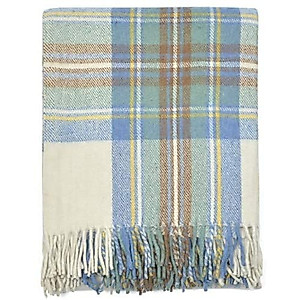 Patrick King Woollen Company Merino Wool Tartan Throw Blanket 69" x 62" Stewart Muted Blue Fringed Plaid Blanket for Home Decor, Camping & Everyday Use | Warm Thick Durable Sustainable Wool Throw