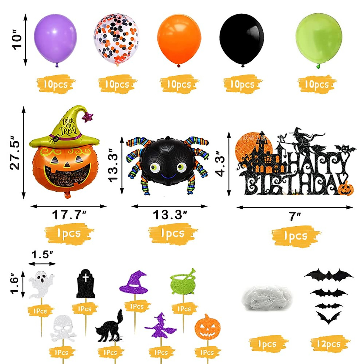 Halloween Birthday Party Decorations Include happy birthday halloween banner halloween balloons Halloween Birthday Cake Topper halloween fringe curtain for Halloween Birthday Party Supplies