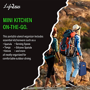 Life 2 Go 10 Pcs Camp Cooking Utensil Set & Outdoor Kitchen Gear Cookware Kit, Portable Compact Carry Case for Camping, Hiking, Travel, BBQ Grilling Stainless Steel Accessories Spoon & Fork, Navy