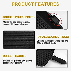 rincentd Cast Iron Grill Pan for Stove Tops, with Silicone Handles, Steak Pan Perfect for Meats Steak Fish and Vegetables, 10 Inch -Black