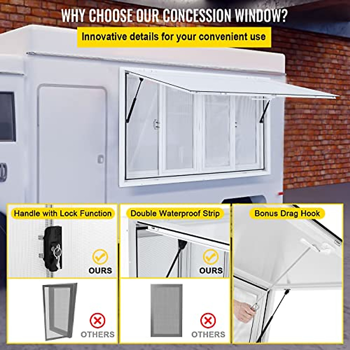 VEVOR Concession Window 60 x 36 inch, Aluminum Alloy Food Truck Service Window with 4 Horizontal Sliding Screen Windows & Awning Door & Drag Hook, Serving Window for Food Trucks Concession Trailers