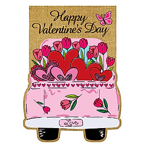 Texupday Happy Valentine's Day Double Sided Burlap Garden Flag Love Heart Floral Pink Truck Butterfly Decoration Outdoor Flag 12" x 18"