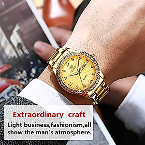OLEVS Gold Watches for Men Waterproof Men Gold Watches Diamond Luxury Best Watches for Men Calendar Date Analog Quartz Watch Stainless Steel Classic Wrist Watch