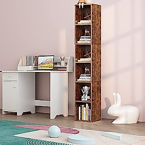 MIN WIN 6-Tier Wooden Tall Narrow Open Bookcase and Bookshelves, 68.5" Modern Freestanding Cube Display Storage Organizer Shelf, Corner Bookcase Narrow Bookshelf with Storage Space, Rustic