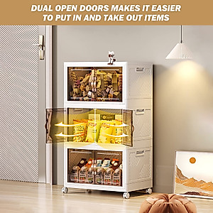 SYNCVIBE Stackable Storage Bins With Lids and Double Doors 3 Pack Plastic Storage Box Collapsible Organizer with Wheels Large Folding Storage Containers for Home Organization (3-pack, 8.4 Gal-white)