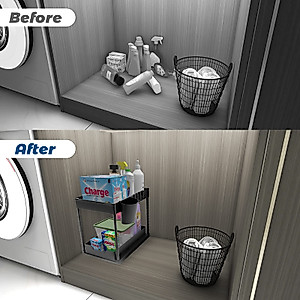 Under Sink Organizers and Storage, Under Sink Storage, 2 Tier Under bathroom Sink Organizer, Sliding Drawer Under Sink Storage for Kitchen with 4 Hooks & 1 Hanging Cup,Multi-purpose Organizer（Black）