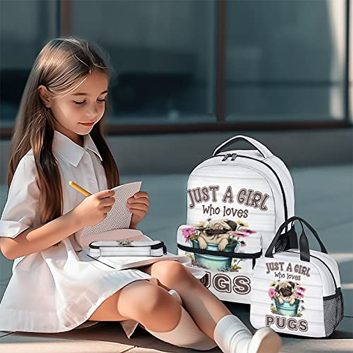 COOPASIA Cute Pug Backpack with Lunch Box and Pencil Case, 16 Inch Dog Theme Bookbag with Adjustable Straps, Durable, Lightweight, Large Capacity, School Backpack for Kids Girls Boys