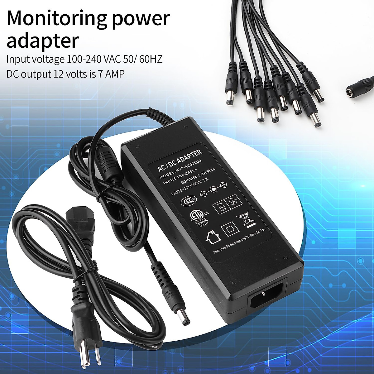 12V 7A CCTV Surveillance Video Power Supply Adapter + 1 to 8 Power Splitter & 110~240V AC 2.1mm Plug for Security Camera，LED Strip Light