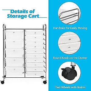 KOTEK 15-Drawer Rolling Storage Cart, Multipurpose Mobile Utility Cart with 4 Wheels, Home Office School Tools Scrapbook Paper Organizer (Clear)