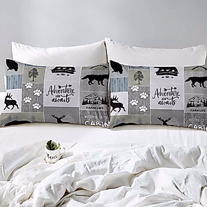 LUVIVIHOME 2PCS Cabin Rustic Bedding, Twin Duvet Cover, Black Bear Deer Elk Owl Forest Animal Wildlife Hunting Lodge Quilt Bedspread Patchwork Comforter Cover, Country Farmhouse Bedding, 1 Pillow Sham