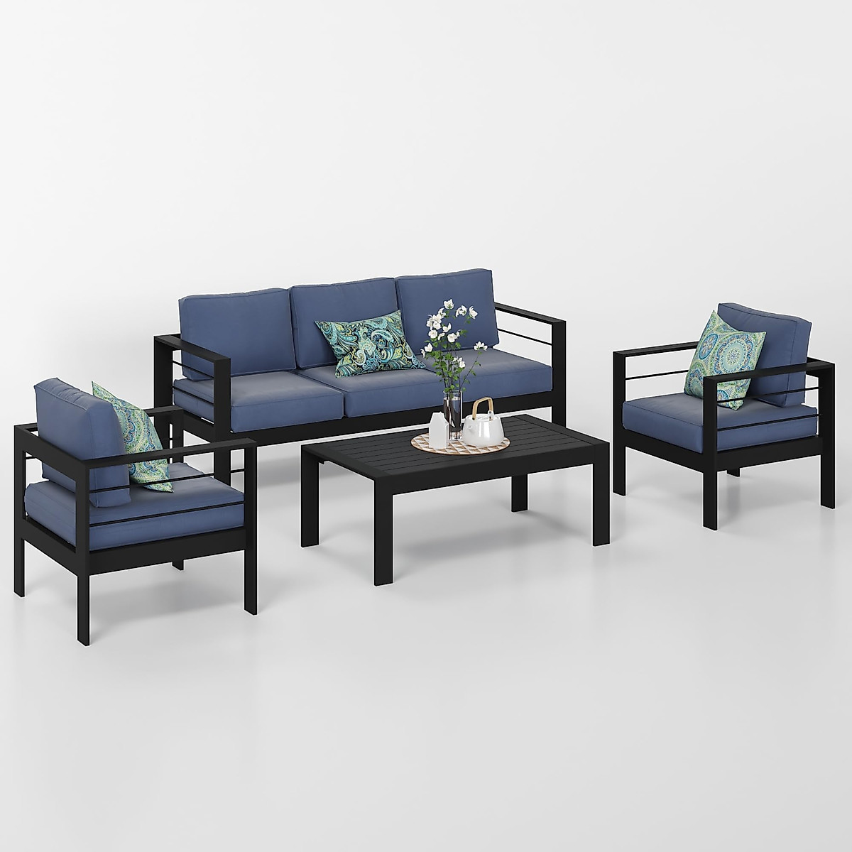 Solaste Aluminum Patio Furniture Set, 5 Seats Modern Outdoor Conversation Set Sectional Sofa with Upgrade Cushion and Coffee Table,Black Frame and Blue Cushion