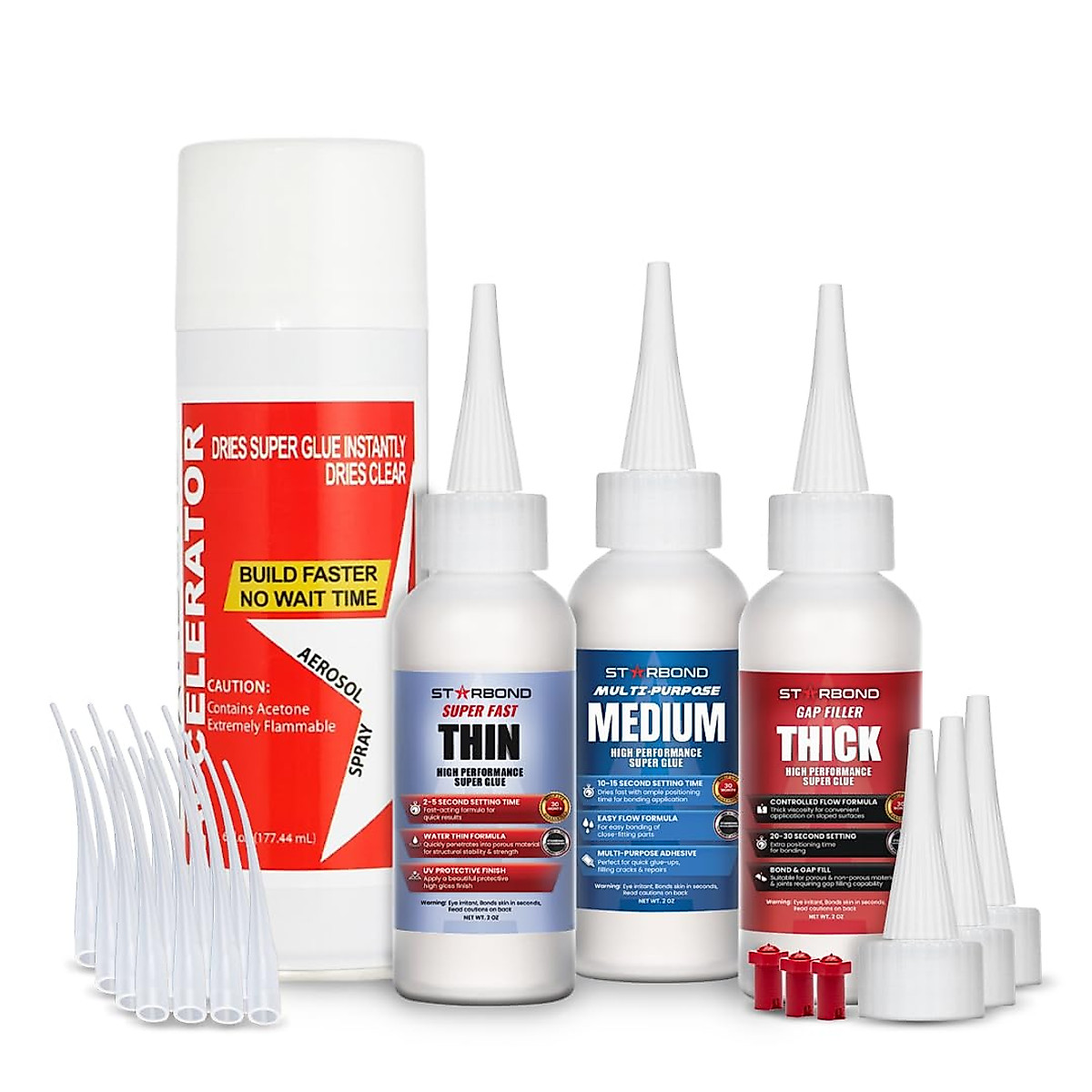 Premium CA Glue with Activator Bundle by STARBOND - (2oz) Thin CA Glue, Medium CA Glue, Thick CA Glue, 6 oz. Aerosol Accelerator - CA Glue for Woodworking, Woodturning, Hobby Models, 3D Printing