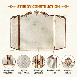 WICHEMI Fireplace Screen 3 Panel Folding Fireplace Screens 50.4 x 32.3 Inch Metal Furnace Fireguards Mesh Cover Baby Safe Proof Fence Spark Guard Cover Wrought Iron Fire Place Standing Gate (Golden)
