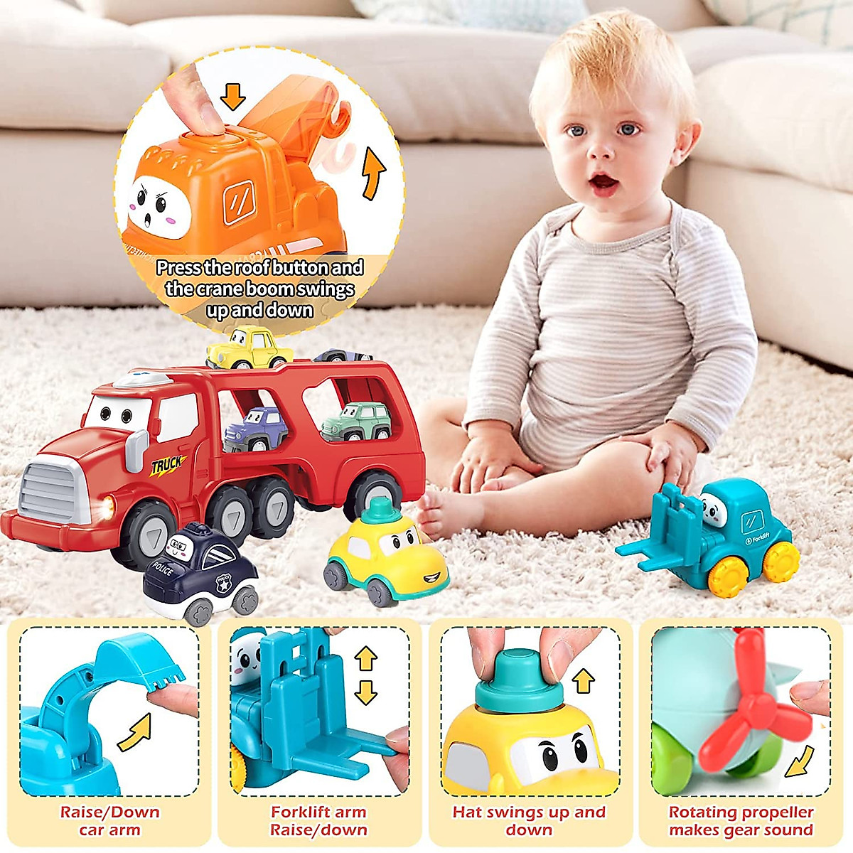 SQZUWIT Toddler Toys Car for 1 2 3+ Year Old Boys - 11 in 1 Music and Lighting Carrier Trucks - Age Kids 4-6 Toys 12-18 Months Christmas Party Birthday Baby Gift Toddler Toys Age 1-2