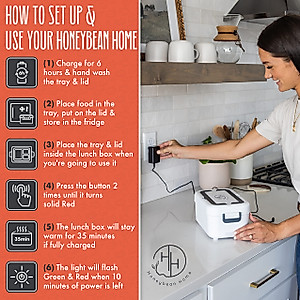 Honeybean Home Self Heating Lunch Box for Work & School – Battery Powered Portable Food Warmer Lunch Box With 35 Minutes of Heating Capability – Our Heated Lunch Box Comes With a Reusable Fork & Spoon