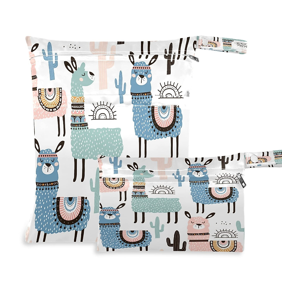 AUUXVA 2pcs Wet Dry Bags Waterproof Tropical Cactus Llama Alpaca Cloth Diaper Bag Reusable with Two Zippered Pockets Travel Beach Pool Daycare Items Yoga Gym Washable Bag for Swimsuits Wet Clothes