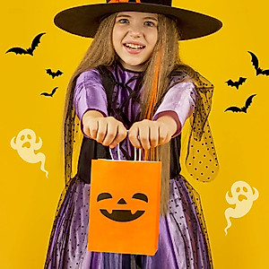 NiHome 16-Pack Halloween Pumpkin Kraft Paper Treat Bags with Handles - Assorted Jack-o'-lantern Designs for Trick or Treat, Party Favors, Candy, Cookies, and Gifts