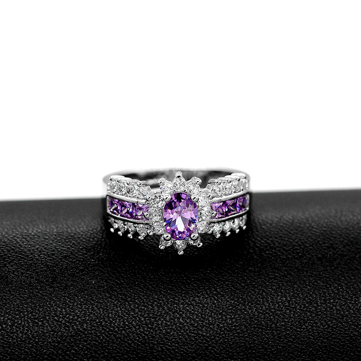Uloveido Women Rhodium Plated Oval Cubic Zirconia Purple Promise Ring Wedding Party Jewelry For Her Bridal Bridesmaid (Size 9, Purple) J560