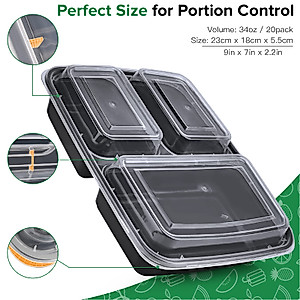 GUANFU [20 Pack] 34oz Meal Prep Container 3 Compartment, Reusable BPA Free Plastic Food Prep Containers with Airtight Lids, Microwave, Freezer & Dishwasher Safe Disposable Bento Boxes