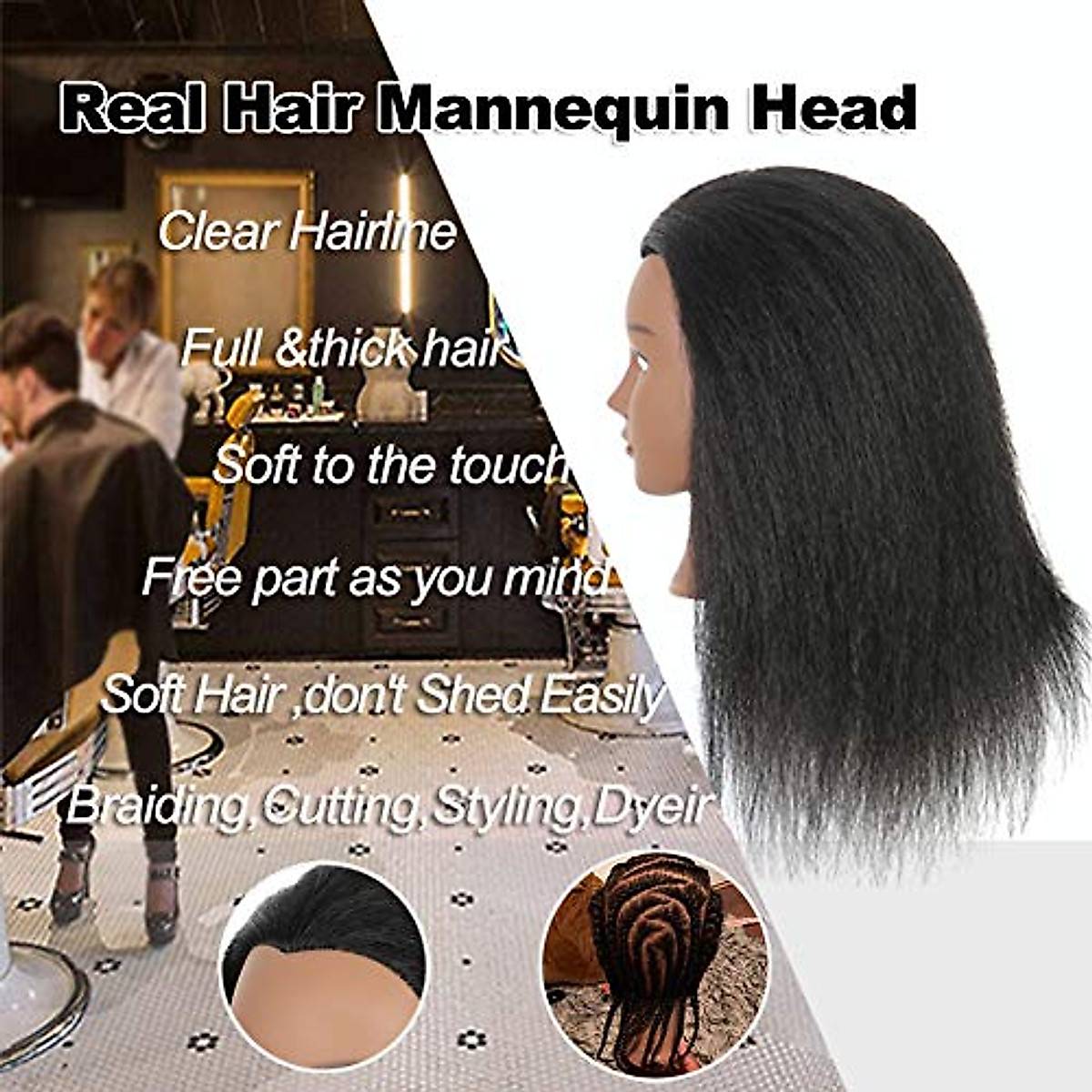 Mannequin Head 14 inch 100% Real Hair Doll Head for Hair Styling Salon Training Head Cosmetology Braiding Practice Mannequin Manikin Head Hairdresser (14 inch)