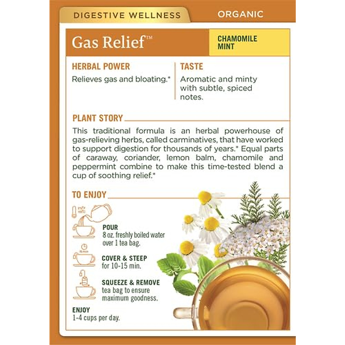 Traditional Medicinals Organic Gas Relief Chamomile Mint Herbal Tea, Relieves Gas & Bloating, (Pack of 1) - 16 Tea Bags