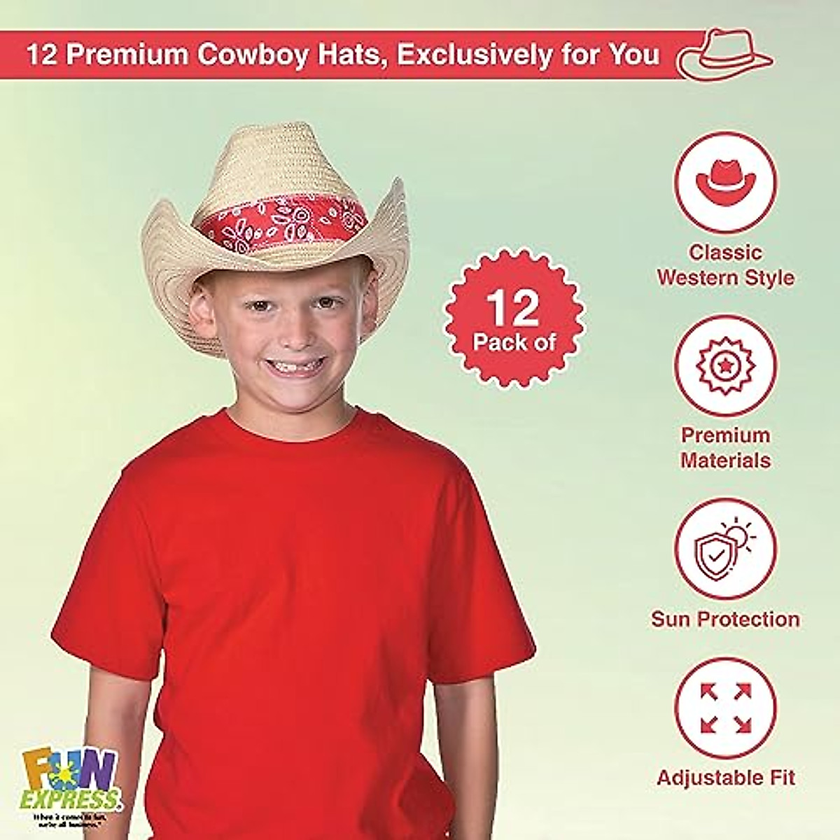 Fun Express Cowboy Hat for Men - Authentic Western Style Cowboy Hats for Men with Red Bandana Accent, Bulk Set of 12 Durable Woven Straw Cow boy hat Versatile Party Hats, Unisex Design