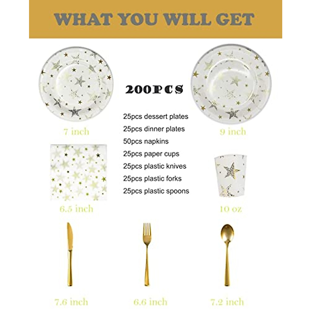 CONRADY 200 PCS Gold Star Disposable Party Dinnerware Set,25pcs Paper Plates, Dessert Plates, Paper Cups,Plastic Cutlery Set(Knives,Forks,Spoons) and 50pcs Napkins for Party Serves 25(Gold)