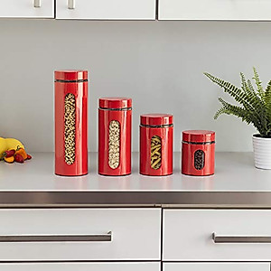 Quality Modern Red Stainless Steel Canister Set for Kitchen Counter with Glass Window & Airtight Lid - Food Storage Containers with Lids Airtight - Pantry Storage and Organization Set