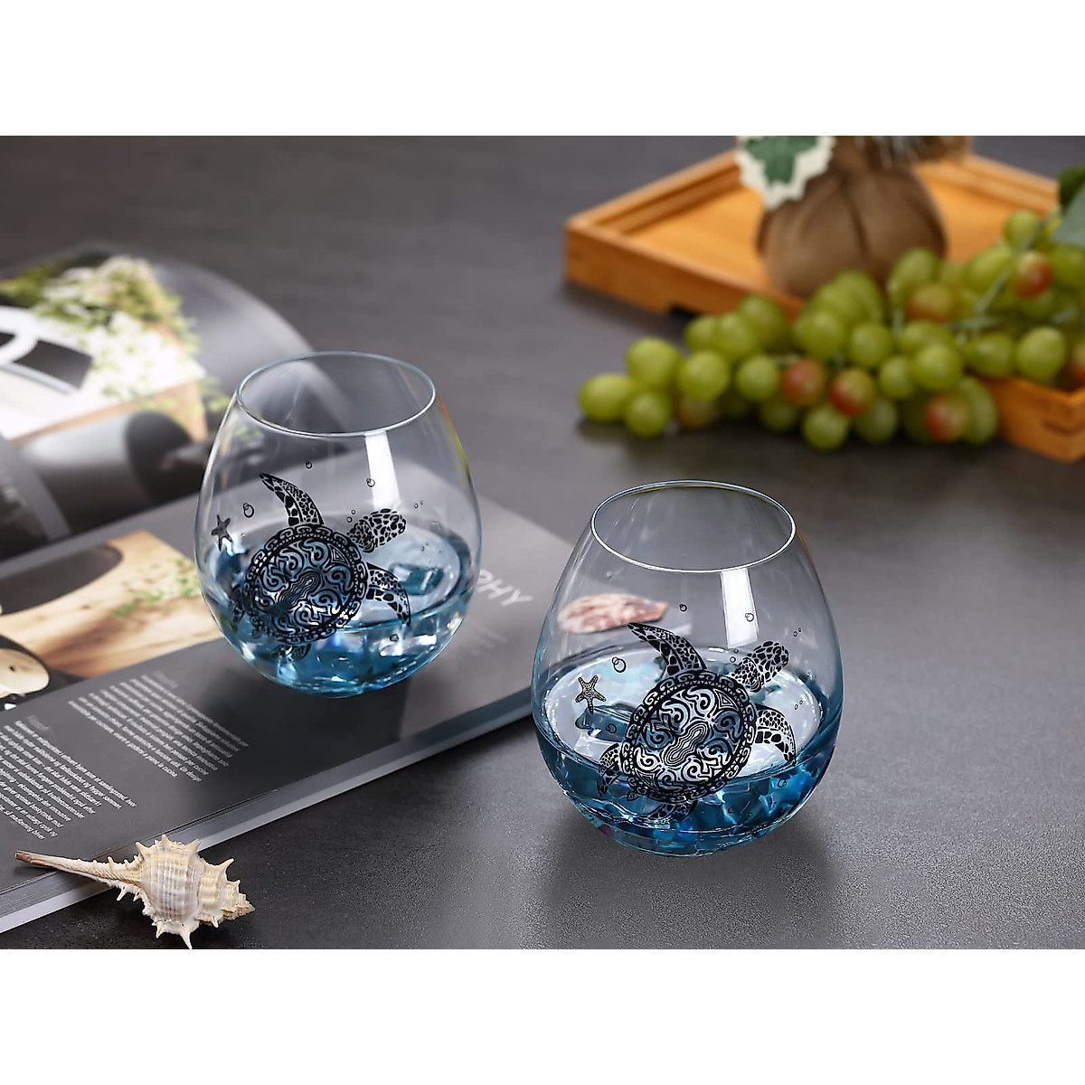 Mothers Day Gift for Women-Sea Turtle Wine Glasses - 13.3 oz Crackle Teal Design, Hand blown Tortoise Wine Tumbler,Sea Turtle Gifts for Women