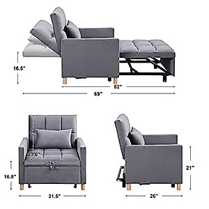 HANLIVES 3-in-1 Single Convertible Chair Bed,Sleeper Sofa Chair Bed with Pillow,Multi-Functional Sleeper Chair with Adjustable Backrest,pullout Sofa Bed with Velvet Fabric for Apartment(Grey)