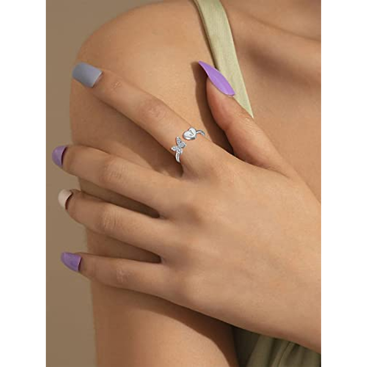 Sora Tuki M Initial Ring for Women Silver Letter Ring Adjustable Rings Butterfly Heart Initial Rings for Women Dainty Stackable Rings Cute Silver Rings