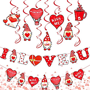 35 Pcs Valentines Day Decoration Hanging Swirls Set Gnome Valentines Day Decor Romantic XOXO Dwarfs Love Heart Pattern Hanging Decor I Love You Banner for Home Bedroom Wedding Party Decorations