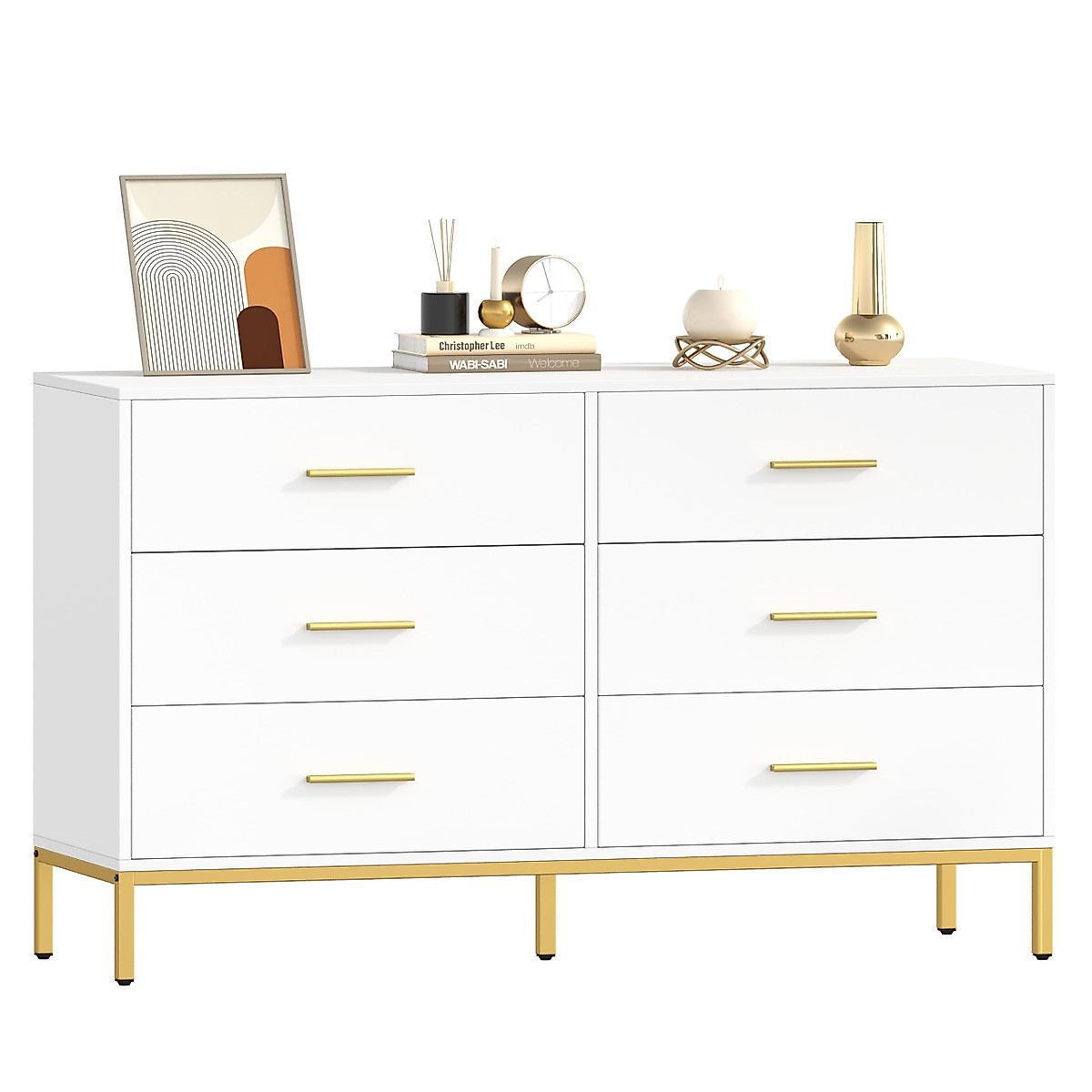Keehusux 6 Drawer Dresser for Bedroom, Chest of Drawers with Gold Handles and Legs, Modern Dresser with 6 Drawers, Wide TV Dresser for Living Room, Hallway, Closet, White KES001WDG