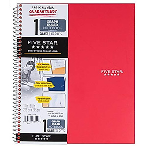 Five Star 06190 11" X 8-1/2" Graph Ruled 1 Subject Notebook Assorted Colors (Pack of 2)