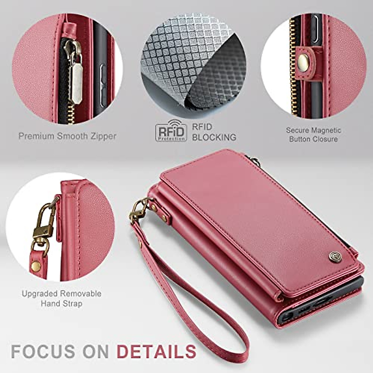 Defencase Compatible with Samsung Galaxy S23 Plus Case Wallet with Card Holder for Women Men, PU Leather Magnetic Snap Flip Zipper Strap Phone Case Fit for Galaxy S23 Plus 5G 6.6", Rose Red