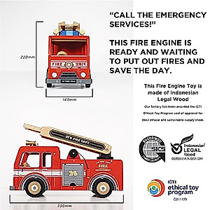 Le Toy Van Cars & Construction Collection Wooden Fire Engine Set Premium Wooden Toys for Kids Ages 3 Years & Up, Multi