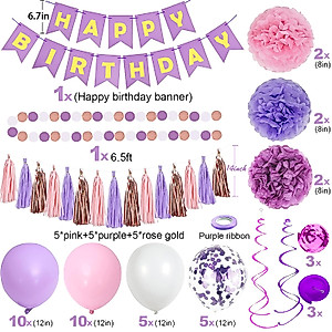 Purple Pink Birthday Party Decorations for Women Girls with Happy Birthday Banner,Hanging Swirls,Tissue Paper Pompoms,Circle Dots Garland,Tassel Garland Purple Birthday Balloons (Purple)