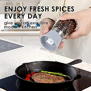Vzaahu Salt and Pepper Grinder Set Grey - Refillable Small Sea Salt & Peppercorn Shakers Set, Adjustable Coarseness, Ceramic Burr, Premium Glass Salt & Pepper Mill