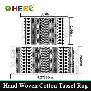 HEBE Cotton Area Rug Set 2 Piece 2'x3'+2'x4.2' Black and Cream Tribal Accent Rug with Tassels Boho Area Runner Rugs Throw Rug for Hallway, Entryway, Bathroom,Kitchen Floor, Laundry Room