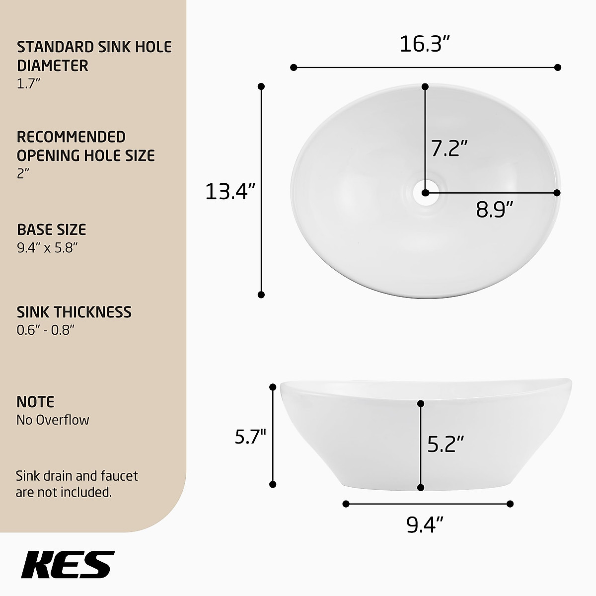 KES Bathroom Vessel Sink, Bowl Sink White Vessel Sink Oval Bathroom Sink 16" x 13" Countertop Modern Egg Shape Above Counter Bathroom Vanity Sink Bowl, BVS124