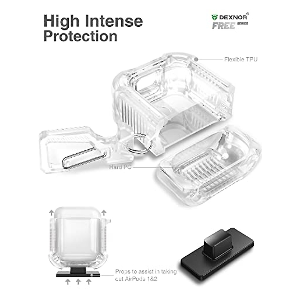 Dexnor Compatible with Airpods 1&2 Case, Clear Hard 2-Peice AirPods 1st(2016) & AirPods 2nd(2019) Generation Case with Keychain Clip for Boys Girls Women Men[LED Visible Support Wireless Charging]