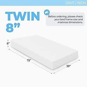 NEO SLEEP 8 Inch Twin Cooling Gel Memory Foam Mattress Medium Firm CertiPUR-US Certified Mattress in a Box Enhanced Pressure Relief Removable Soft Cover No Fiberglass (Twin, 8 in)
