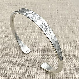 Hammered Sterling Silver Handmade Cuff Bracelet, Minimalist Simple Shiny Silver 1/4 inch Wide, 6 1/2 long, Thick and Solid, Gift for Her