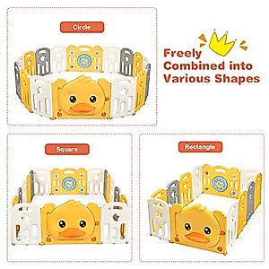 HONEY JOY Baby Play Yard, 16 Panel Psyduck Foldable Baby Gate Playpen, Anti-Slip Rubber Base & Suction, Indoor Safety Baby Fence for The House, Extra Large Anti-Fall Play Pen for Toddler