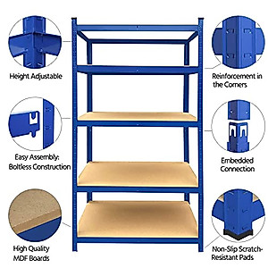 60" Heavy Duty Shelving Unit Metal Shelve, 5 Tier Multi-Use Steel Storage Rack, Bolt-free Assembly, Adjustable Garage Storage Utility Shelf with Durable MDF Boards for Home Office Kitchen, Blue