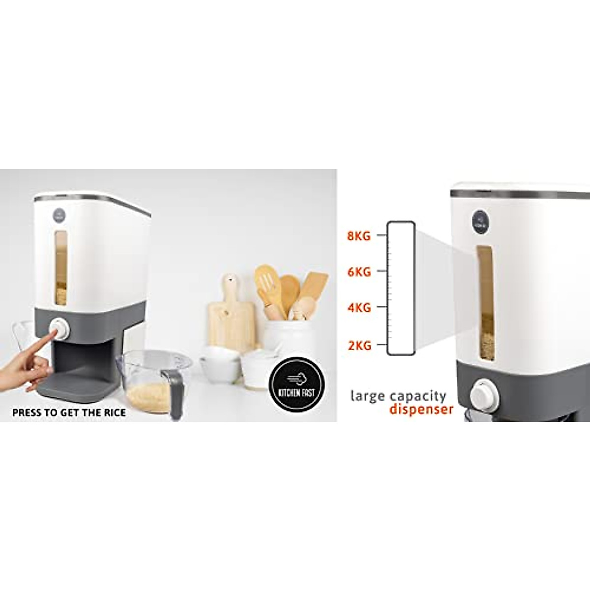 KITCHEN FAST–22LBS Rice Dispenser–Food Dispenser-Attachable Cutlery Holder and Salt/Spice Container–Large Grain Storage with Lid–Extra Storage Box-Moisture Proof-Optimizes Kitchen Space–Rice Storage