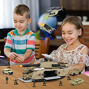 XDUOYJOY Military Tank Toy Sets, Army Toys with 7 Vehicles, Army Men Trucks Helicopter Birthday Gift for Boys Age 4-7, Easy to Store