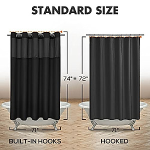 No Hook Slub Textured Shower Curtain with Snap-in PEVA Liner Set - 71" x 74"(72"), Hotel Style with See Through Top Window, Machine Washable & Water Repellent Fabric, Black, 71x74