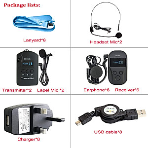 EXMAX EXD-101 2.4GHz Wireless Language Interpretation System Audio Visual Voice Acoustic Transmission for Church,Teaching,Translation,Training,VIP Reception(2 Transmitters 6 Receivers）